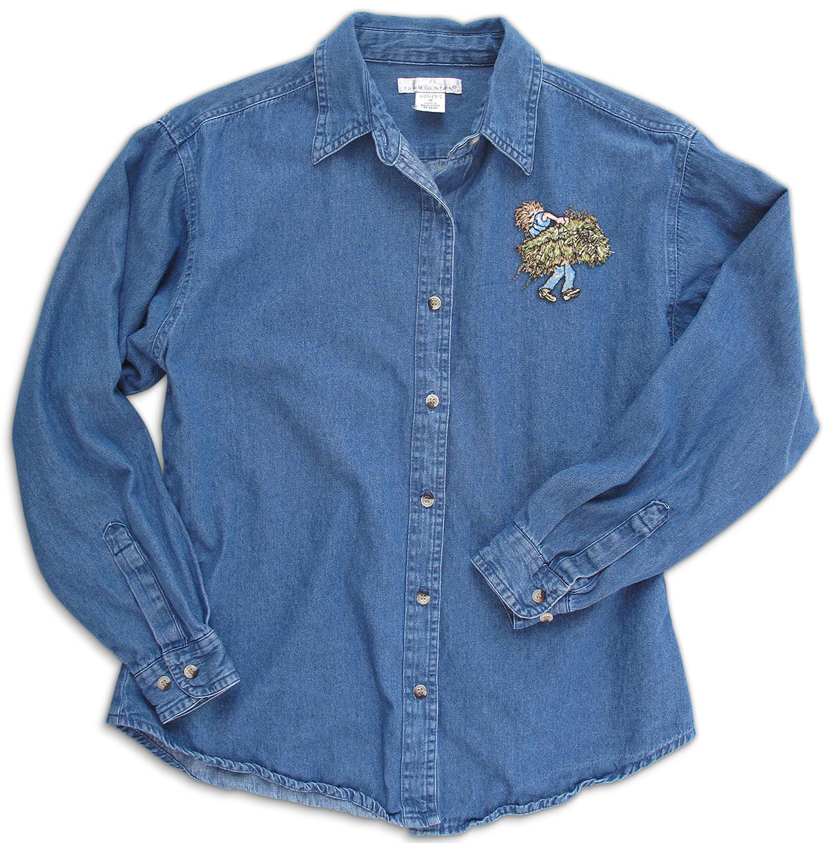 Ladies Longsleeve Denim Shirt with Barn Girl Embroidery-www.hoofprints.com